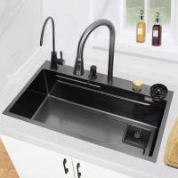 China Lizhen-Hwa.Con Waterfall Kitchen Sink Single Bowl Black Rainfall 680*460mm With Faucet for sale
