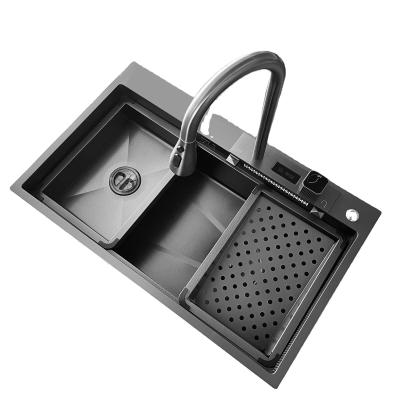 China Smart Digital Display Stainless Steel Pull Out Waterfall Faucet for Grey Square Bowl Shape Sink for sale