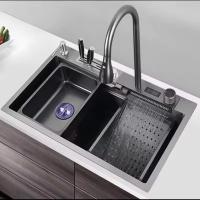 China Smart Digital Display Stainless Steel Pull Out Waterfall Faucet for Grey Square Bowl Shape Sink for sale