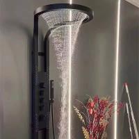 China Wall Shower Set with High Pressure Rainfall Round Matte Black Head and Panel Combo Set for sale