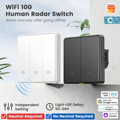 China Tuya WiFi Smart 10G Human Radar Motion Sensor Switch EU Wall Light Switch No Neutral APP Remote Voice Timer Alarm Control for Smart Home for sale