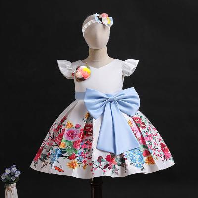 China Children's Dress Clothing Kid Print Big Bow Dress Baby Girls Birthday Princess Dress for sale