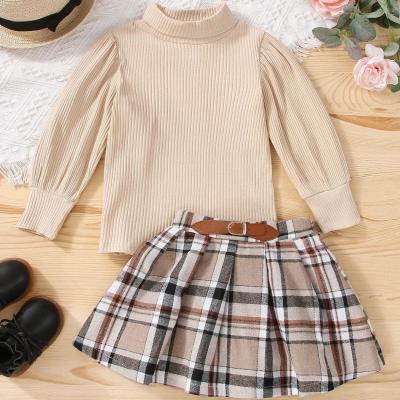 China Children'S Outfit Sets Girls Plaid Skirt Suit Mid-High Collar Pullover Skirt Suit for sale