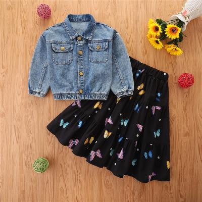 China Children'S Outfit Sets Girls Long Sleeve Denim Jacket Butterfly Print Skirt Suit for sale
