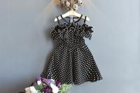 China Toddlers Round Neck Summer Black And White Polka Dot Strapless Dress For Girls for sale