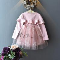 China 1.1M Children Worsted Spring Pink Lace Formal Long Sleeve Dresses Knee Length for sale