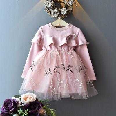 China 1.1M Children Worsted Spring Pink Lace Formal Long Sleeve Dresses Knee Length for sale