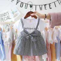 China Black White Plaid Children'S Dress Clothing Round Neck Short Sleeve Dress With Bowknot for sale