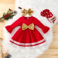 China 100cm 39in Polyester Children'S Dress Clothing With Bow At Waist Flare Sleeve for sale