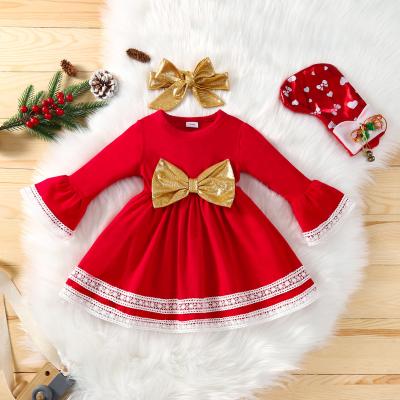China 100cm 39in Polyester Children'S Dress Clothing With Bow At Waist Flare Sleeve for sale