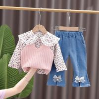 China 90cm Spring Children'S Clothing Floral Lapel Jeans Knit Vest Long Sleeve for sale