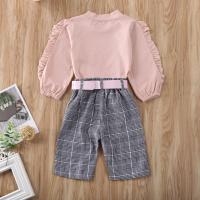 China Srping And Autumn New Children's Outfit Sets Pink Long-Sleeved Wooden Ear T-Shirt Shirt Plaid Three-Piece Belt​ for sale