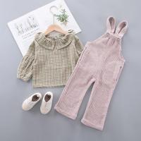 China Girls Outfit Sets Bubble Sleeve Shirt Shoulder Band Lapel Pink Denim Overalls for sale