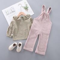 China Girls Outfit Sets Bubble Sleeve Shirt Shoulder Band Lapel Pink Denim Overalls for sale