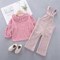 China Girls Outfit Sets Bubble Sleeve Shirt Shoulder Band Lapel Pink Denim Overalls for sale