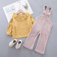 China Girls Outfit Sets Bubble Sleeve Shirt Shoulder Band Lapel Pink Denim Overalls for sale