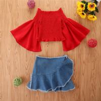 China 110cm Trumpet Sleeve Shirt Children'S Outfit Sets Denim Skirt With Tassels OEM for sale