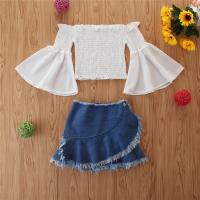 China 110cm Trumpet Sleeve Shirt Children'S Outfit Sets Denim Skirt With Tassels OEM for sale