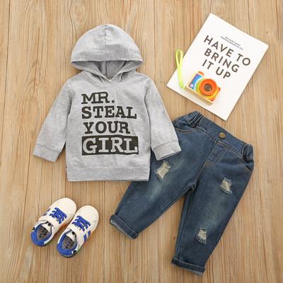 China 130CM Boys 6 Years Outfit Sets Black Hooded Jacket Dark Blue Ripped Jeans for sale