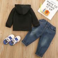 China 130CM Boys 6 Years Outfit Sets Black Hooded Jacket Dark Blue Ripped Jeans for sale