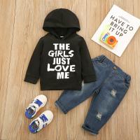 China 130CM Boys 6 Years Outfit Sets Black Hooded Jacket Dark Blue Ripped Jeans for sale