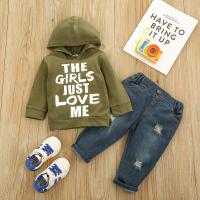 China 130CM Boys 6 Years Outfit Sets Black Hooded Jacket Dark Blue Ripped Jeans for sale