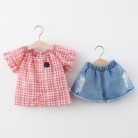China 39in Plaid Suit Cute Children'S Outfit Sets Clothes Denim Shorts Oem Short Sleeved for sale