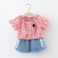 China 39in Plaid Suit Cute Children'S Outfit Sets Clothes Denim Shorts Oem Short Sleeved for sale