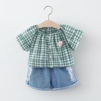 China 39in Plaid Suit Cute Children'S Outfit Sets Clothes Denim Shorts Oem Short Sleeved for sale