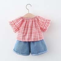 China 39in Plaid Suit Cute Children'S Outfit Sets Clothes Denim Shorts Oem Short Sleeved for sale