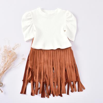 China 50cm Baby White Suit With Round Neck Roddler Girl Brown Fringe Skirt for sale