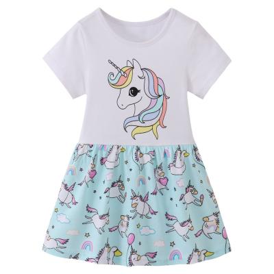 China Summer Children's Clothing Cotton Fabric Dresses with Unicorn Printing Custom Wholesale Middle and Big Kids for sale