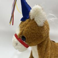 China Running Brown Pony Plush Toy with Hoofbeats Button on Tail Electric Running Horse with Party Hat for sale