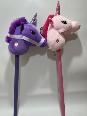 China Singing Unicorn Stick Plush Toy Purple and Pink Options Riding Stick Horse Kids Sound Making Wooden Stick for sale