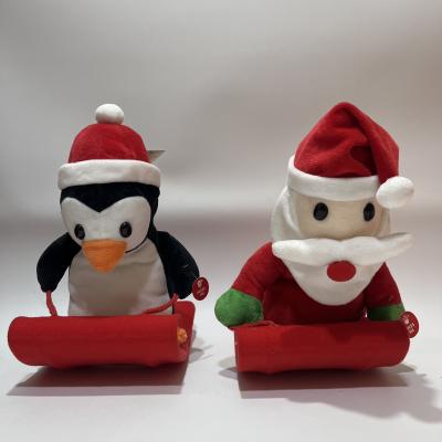 China Swinging Sleigh Penguin and Santa Plush Toy Swings Back and Forth Plays Three Songs Christmas Interactive Doll Party Prop for sale
