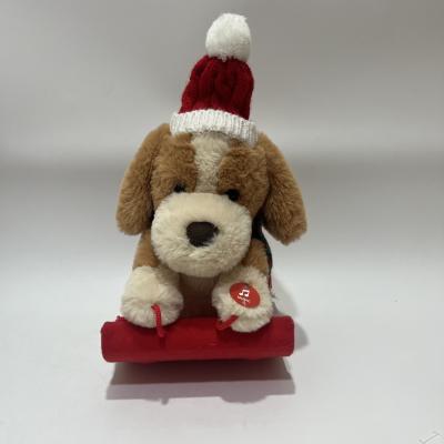 China Christmas Sleigh Dog Plush Toy Swinging and Singing Dog Doll Holiday Interactive Toy for sale