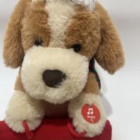 China Christmas Sleigh Dog Plush Toy Swinging and Singing Dog Doll Holiday Interactive Toy for sale