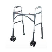 China Adult  Durable Medical Equipment Dual Button Aluminum Folding Walker With 2 Wheels for sale