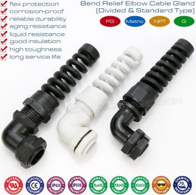 China PG & Metric Thread Plastic Elbow Cable Glands, IP68 Right Angle Nylon Cable Glands with Spiral Flexible Protector for sale