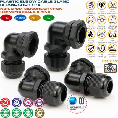 China 90° Elbow Hermetic Cable Glands, IP68 Waterproof Right Angled Electrical Cable Connector Glands with PG & Metric Threads for sale