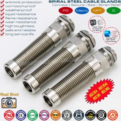 China AISI 316L, AISI 316, AISI 304 Stainless Steel Metal PG Flexible Cable Gland (IP68) with Additional Spiral Strain Relief, for sale