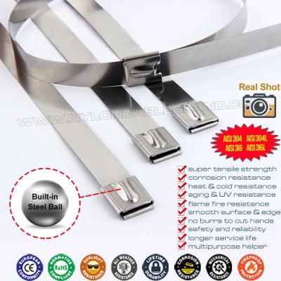 China 7.9mm Width Self-locking Metal Cable Ties, 100-1000mm Length Stainless Steel Ball-lock Cable Ties Type 304, 316, 316L for Harsh Conditions for sale