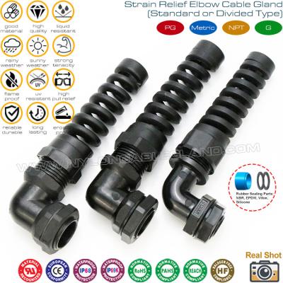 China 90° Elbow (Right Angle) IP68 Plastic Metric Cable Glands with Spiral Flex & Bend Protection for sale