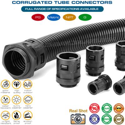 China M12-M63 Metric Conduit Connectors, Straight Flexible Conduit Fittings Plastic Conduit Glands for Corrugated Hoses AD10~AD54.5 for sale