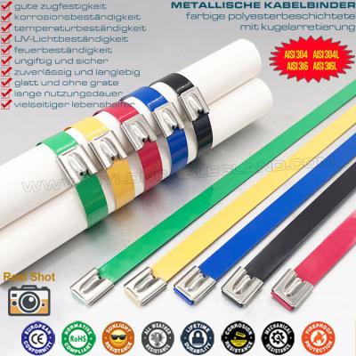China Colored Epoxy Coated 304 Stainless Steel Cable Tie 12x300mm, Polyester Coated 316 Stainless Metal Zip Tie Wrap 490 lbs for Pipes for sale