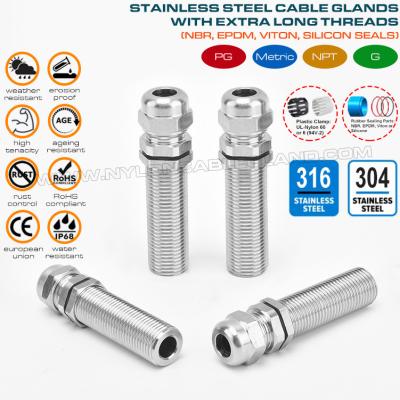 China Long Thread Cable Glands IP68, Stainless Steel EN 1.4404/1.4401/1.4301, Metric M12~M100, for Thick Enclosure for sale