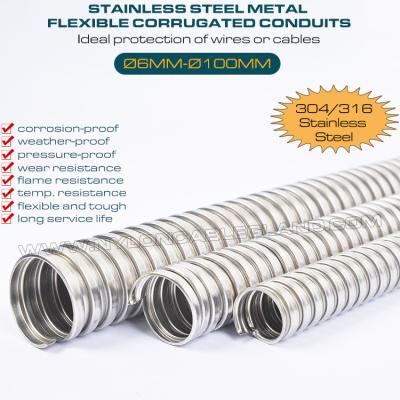 China Metal Flexible Corrugated Tubes Ø6mm~Ø100mm, 316 & 304 Stainless Steel Corrugated Pipes Axial Tension 36 kgf~600 kgf for Wire Protection for sale