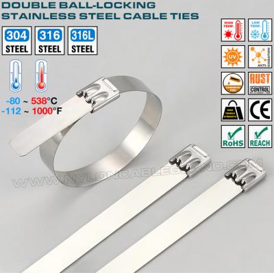 China Stainless Steel Cable Ties with Double Ball Lock, 350~1100mm Lengths, 12mm & 16mm Widths, Ø25~278mm for sale