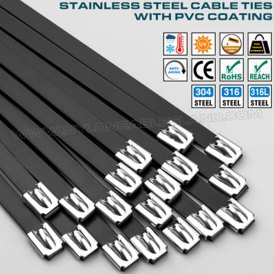 China PVC Coated Metal (Stainless Steel) Cable Ties, Version 316L, 316 or 304, L: 200~1100mm x W: 16mm, 200 Lbs, Outdoor Use for sale