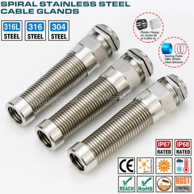 China Stainless Steel IP68 Cable Glands, Spiral Strain Relief, Inox 304, 316 or 316L, Metric Pitch, M12~M50 for sale